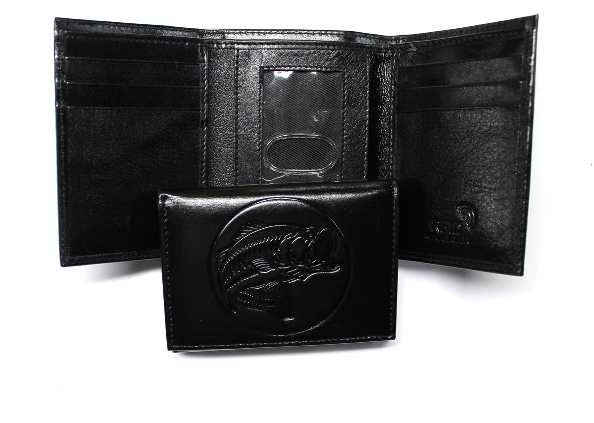 Bass Fishing Trifold Wallet Black Leather Embossed – Wallets Plus