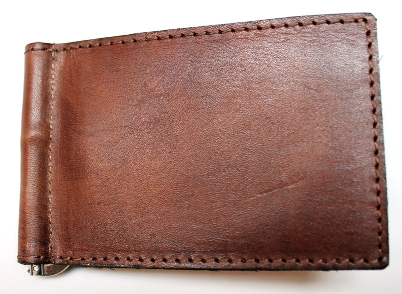 Veg Tan Leather Money Clip Wallet With Center Spring Clip - Brown ...