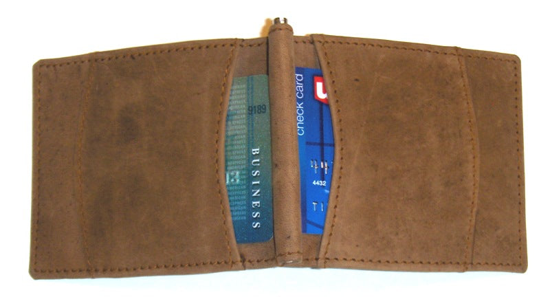Leather Money Clip Wallet With Center Spring Clip - Brown – Wallets Plus